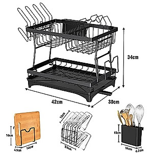 PKBD Rustproof Dish Drying Rack, 2 Tier Dish Rack with Drainboard, Cup Holder, Detachable Dish Drainer Organize Shelf with Utensil Holder Set, Large Dish Racks for Kitchen Counter, Black