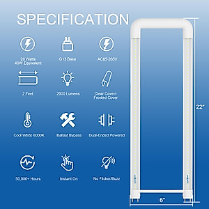 LUMINOSUM, T8 T12 U Bend LED Tube Light 2x2 Foot, 20W (40 watts equivalent), Cool White 6000k, Clear Cover, Ballast Bypass, ETL Listed, 10-pack