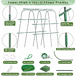 Tetutor Cucumber Trellis for Raised Beds, 63 x 45 Inch U-Shaped Garden Trellis for Climbing Plants Outdoors with Climbing Net, Metal Detachable Arch Plant Support Vegetable Trellis