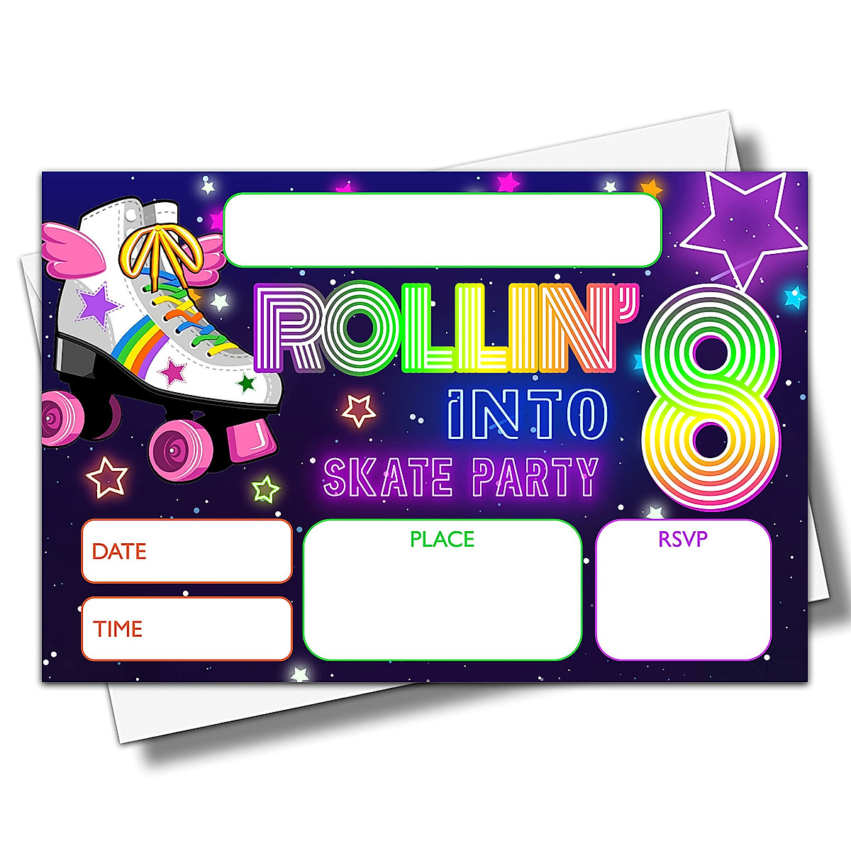 YSTEP Roller Skating 8th Birthday Party Invitations, 20 Invite Cards with Envelopes, 4"x6" Neon Skating Birthday Party Invites - A07
