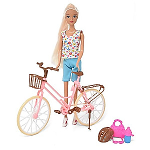 Mini Fashion Doll on Bike by Beach Playset for Girls, Includes Doll with Long Blonde Hair, Bicycle, and Accessories, Boardwalk Outdoor Biking Set Toy for Kids and Toddlers Ages 3 4 5 6 7 8