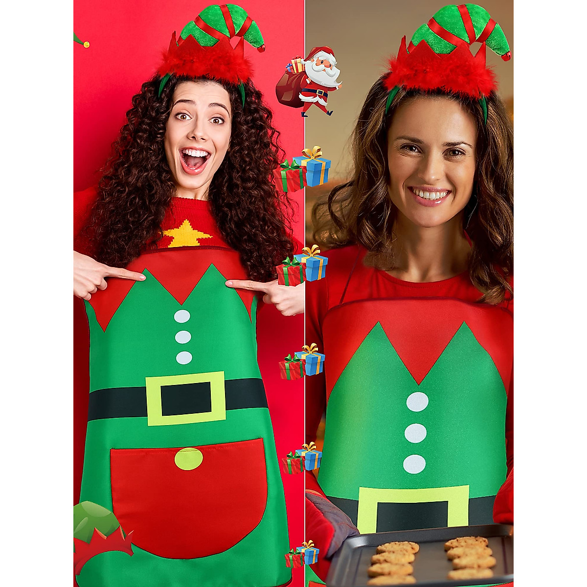 SATINIOR 4 Pieces Christmas Elf Apron and Santa Elf Hat Headbands Cute Kitchen Cooking Aprons Christmas Costume Accessories for Fancy Dress Party Thanksgiving Day Multicolor