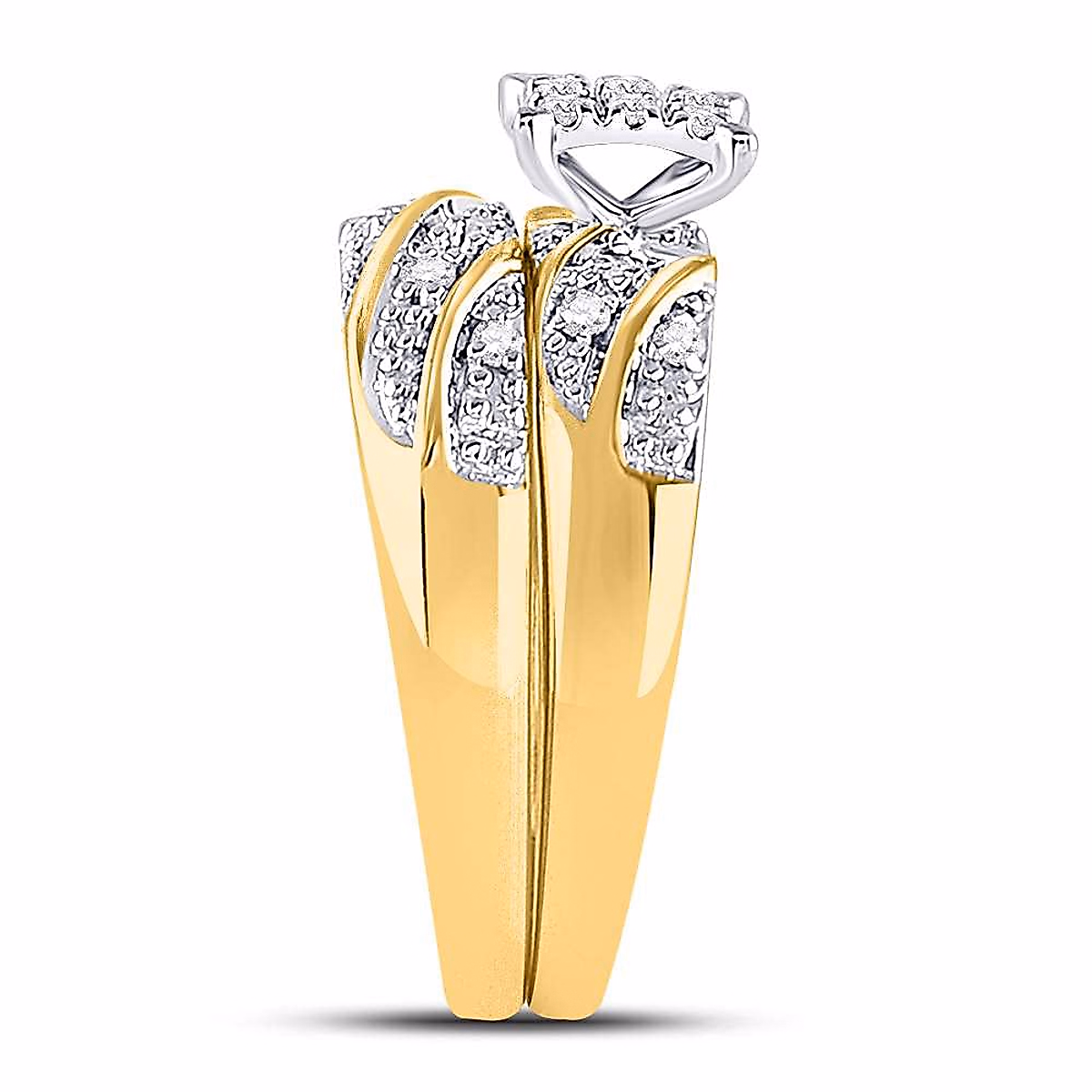 Sizes - L = 8, M = 13 - 14k Yellow and White 2 Two Tone Gold Mens and Ladies Couple His & Hers Trio 3 Three Ring Bridal Matching Engagement Wedding Ring Band Set - Round Diamonds - Princess Shape Center Setting (1/4 cttw) - Please use drop down menu to se