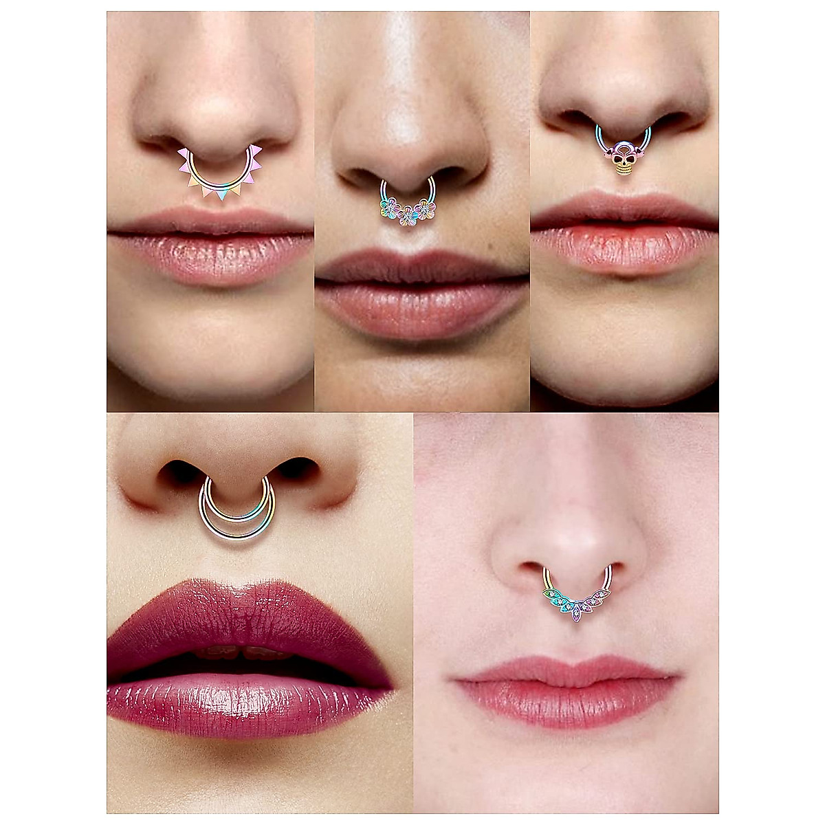 Vsnnsns 16G Septum Rings Piercing Jewelry Skull Septum Jewelry CZ Clicker Ring Stainless Steel flower Septum Hinged Segment Nose Rings Hoop Piercing Jewelry for Men Women 10mm 5pcs Rainbow
