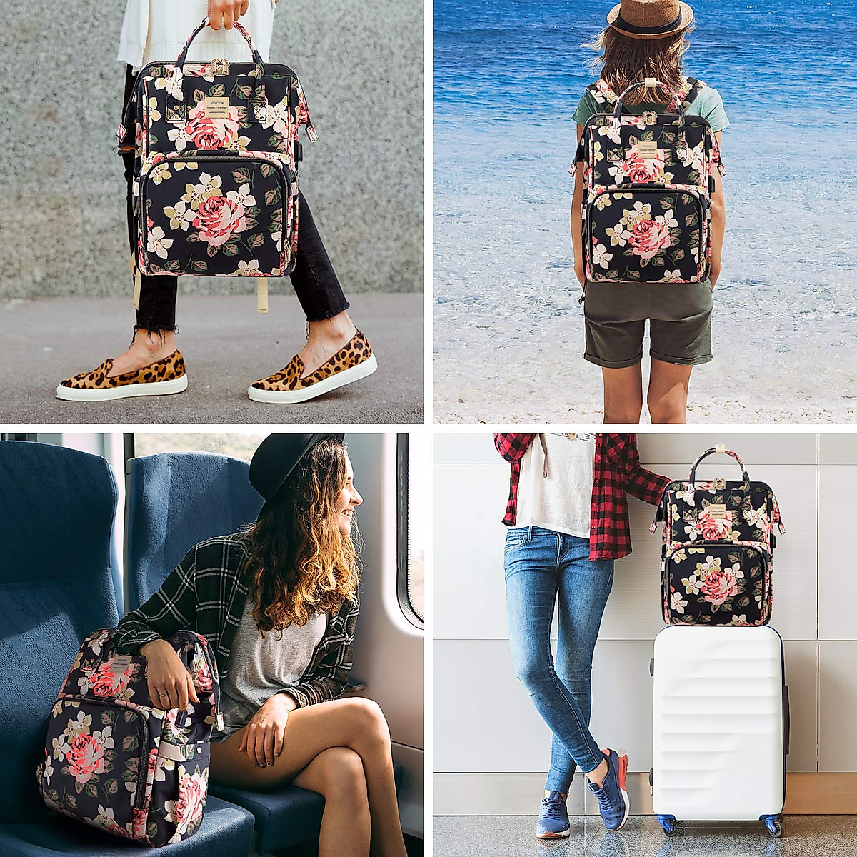 Laptop Backpack for Women,15.6 Inch Stylish College School Backpack with USB Charging Port,Water Resistant Casual Daypack Laptop Backpack for Girls/Nurse/Teacher/Travel (Flower Pattern)