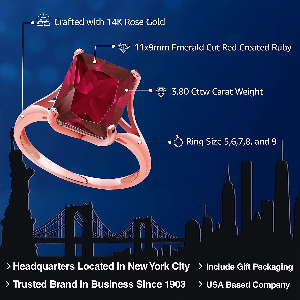 Gem Stone King 14K Rose Gold 10X8mm Emerald Cut Gemstone Birthstone Engagement Ring | Wedding Engagement Anniversary Promise Ring | Rose Gold Ring For Women