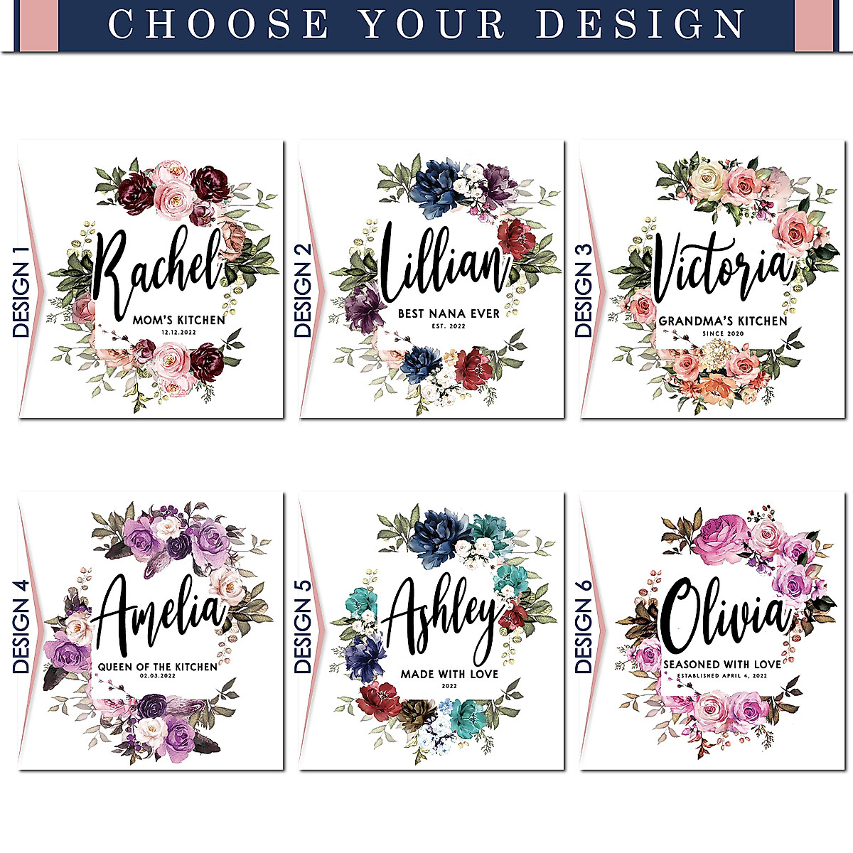 Artist Unknown Personalized Floral Kitchen Aprons Gifts for Women - 6 Design Options, Customized White Chef Apron