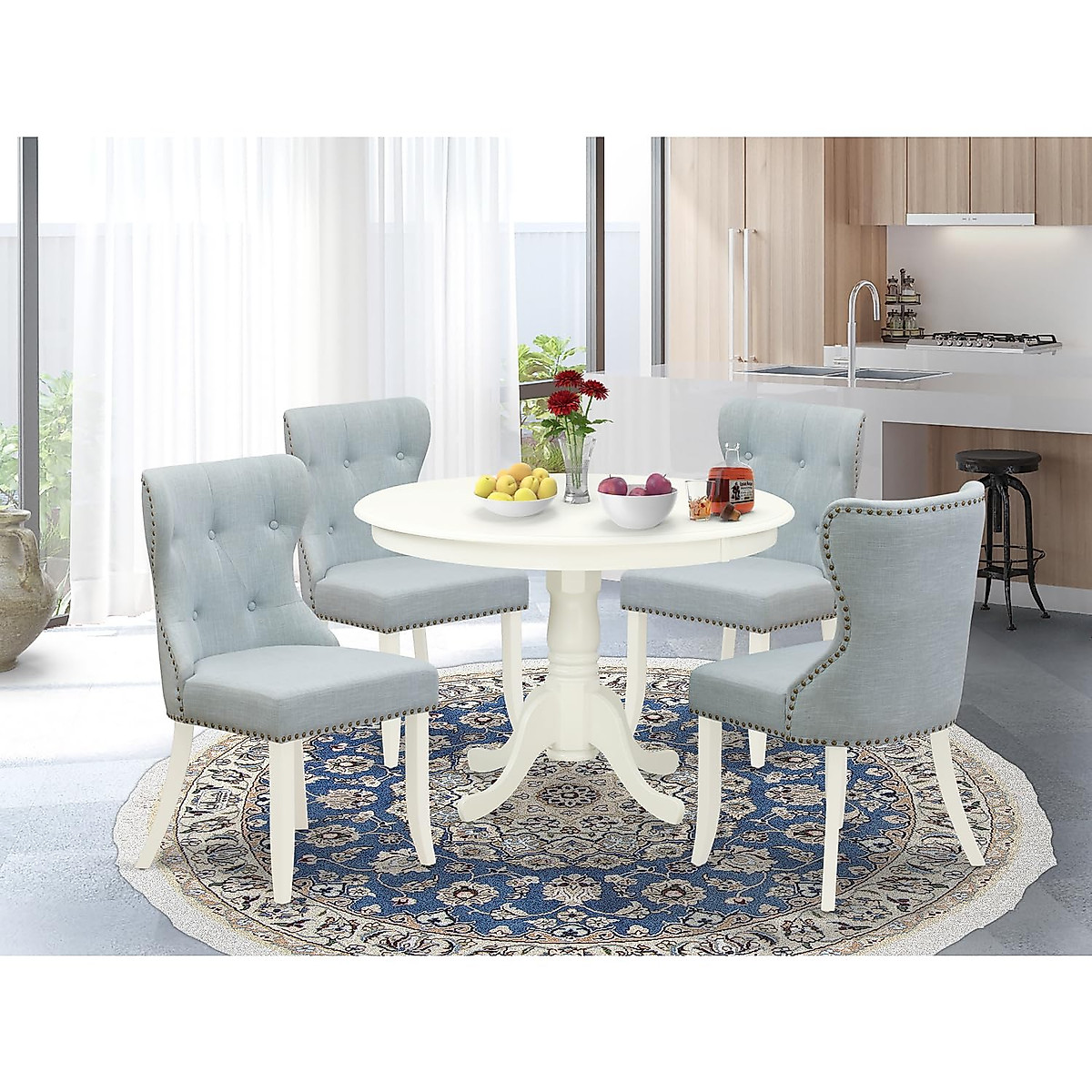 HomeStock Eclectic Escape - A Dining Set of 4 Amazing Kitchen Dining Chairs with Linen Fabric Baby Blue Color and A Beautiful 42-Inch Round Dining Table with Linen White Color