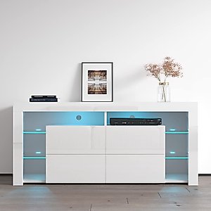 Meble Furniture Minelli TV Stand for TVs up to 70", Modern High Gloss 61" Entertainment Center, TV Media Console with Storage Cabinets and LED Lights