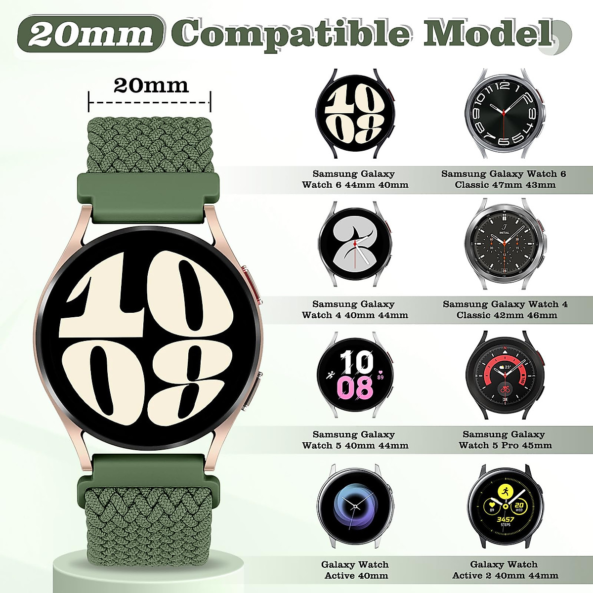 VNDAPT 20mm Elastic Braided Band Compatible with Samsung Galaxy Watch 6/5/4 40mm 44mm,Galaxy Watch 6 Classic/Watch 4 Classic, Adjustable Stretchy Sport Strap for Galaxy Active 2 40mm 44mm/Watch 3 41mm