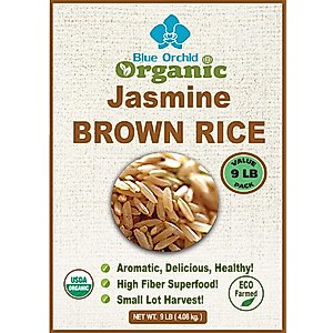 Organic Brown Jasmine Rice from Thailand - Whole Grain Vegan Natural Healthy Superfood Gluten-free - 9 LB