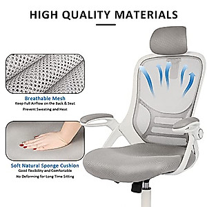 HYLONE Office Chair Executive Mesh Computer Desk Chair Comfortable with Headrest, Flip-up Arms, Adjustable Height, White
