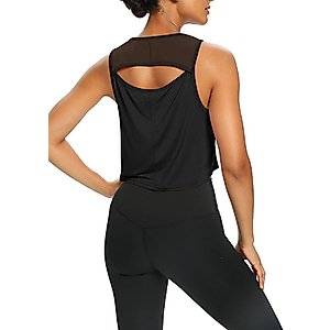 Mippo Workout Crop Tops for Women Open Back Tank Tops for Women Flowy Athletic Tops Tennis Tops Gym Tanks Backless Yoga Tops for Women Mesh Workout Tops for Women Black L