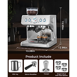 COWSAR Espresso Machine 15 Bar, Semi-Automatic Espresso Maker with Bean Grinder and Milk Frother Steam Wand, 75 Oz Removable Water Tank for Cappuccino, Latte, Stainless Steel