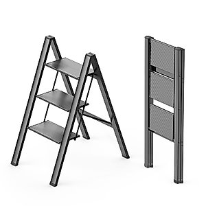 WOA WOA 3 Step Ladder, Foldable Step Stool, Aluminum Lightweight Ladder for Home Kitchen Closet, Anti-Slip Pedals, Ease of Folding, Portable, 300lbs Capacity - Black