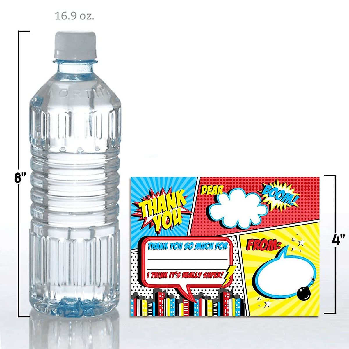 Comic Book Super Hero Birthday Thank You Notes, Ten 4" x 5.5" Fill In The Blank Cards with 10 White Envelopes by AmandaCreation