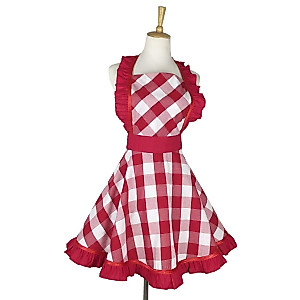 Hyzrz Lovely Retro Aprons for Women with Pocket Cotton Cooking Mother's Day Apron Dress Gift (Red Grid)