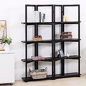 MyGift 4-Panel Open Bookcase Black Wood Room Divider with 4 Shelves