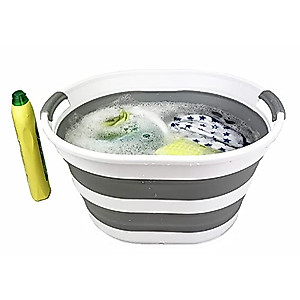 SAMMART 23L (6 Gallons) Set of 2 Collapsible Plastic Laundry Basket - Oval Tub - Foldable Storage Container/Organizer - Portable Washing Tub - Space Saving Laundry Hamper (White/Grey)