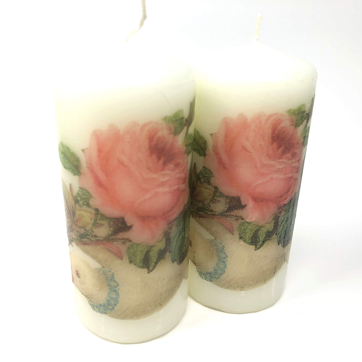 Valentine's day Dove and pink rose, handmade 2 pieces set Decoupage up cycle pillar candle 2 x 4 inches tall white unscented centerpiece, hand decorated
