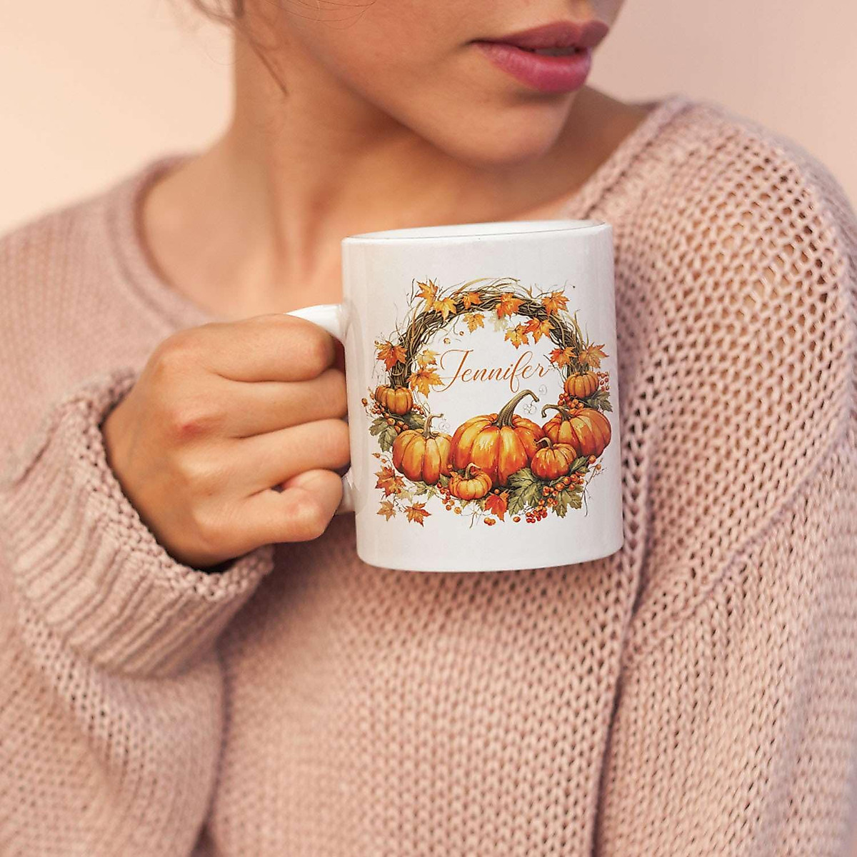 Beautiful Autumn Wreath Mug With Custom Name, Fall Pumpkin And Leaf Design Coffee Cup, Personalized Autumn Lover White Cup 15oz, Customized Fall Ceramic Mug For Friend Coworker