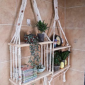TENEWEE Floating Wall Shelves Boho Macrame Hanging Bedroom Living Room 2tier Shelf