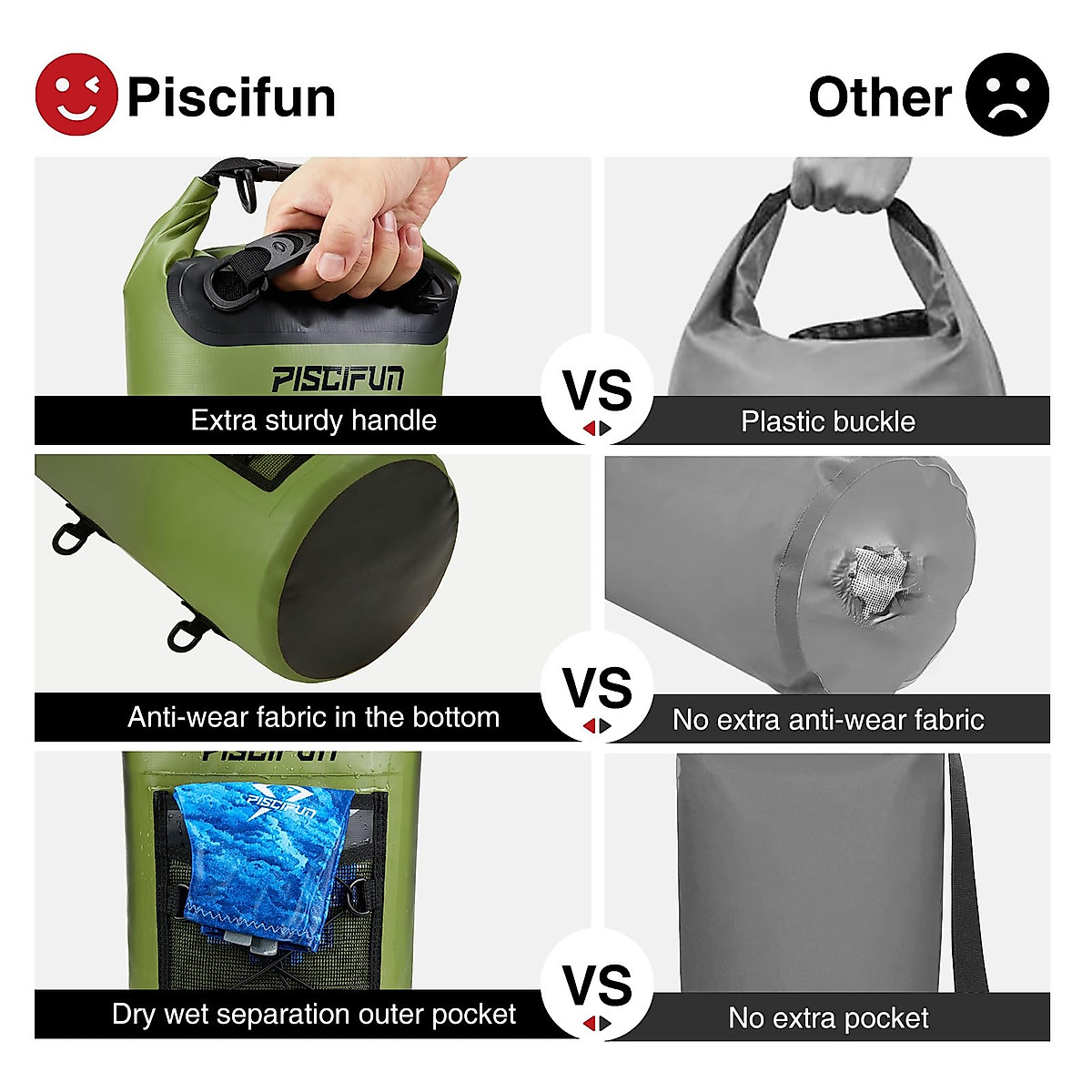 Piscifun Dry Bags, Waterproof Floating Backpack with Waterproof Phone Case for Kayking, Boating, Kayaking, Surfing, Rafting and Fishing, Deck Bags, Black 10L