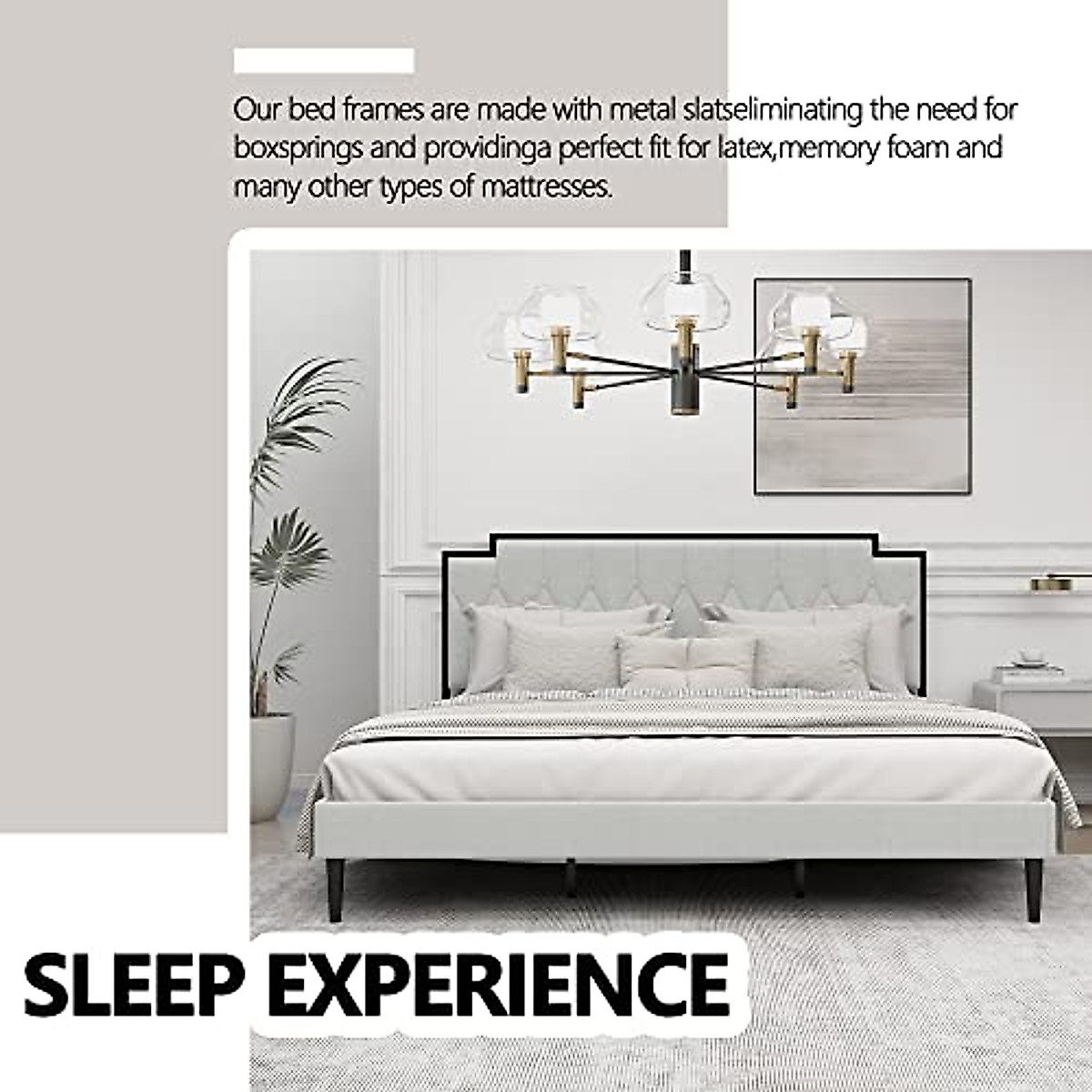 AGARTT Upholstered Platform Full Size Bed Frame with Headboard Premium Stable Wood Slat Support No Box Spring Required Light Grey