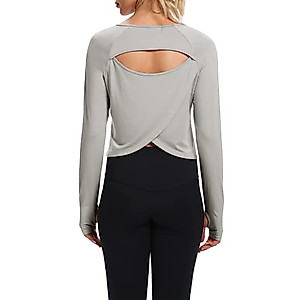 Bestisun Cute Crop Top Backless Long Sleeve Workout Yoga Exercise Tops Running Shirts Yoga Gym Training Clothing Athletic Wear for Women Light Gray L