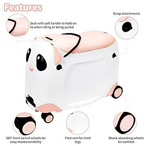 LemoHome Ride on Suitcase for Kids,21" Tow-Along Kids Luggage,Carry-On Cute Bag with Wheels,Airplane Toddler Suitcase,Hard Shell Travel Luggage For Girls Boys (Pink)