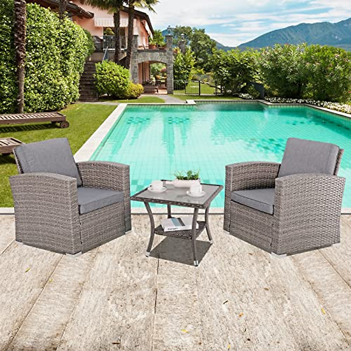 Verano Garden Outdoor Side Table, 20" Square Wicker End Table, Tempered Glass Top Coffee Table with Storage, Aluminum Frame-Gray