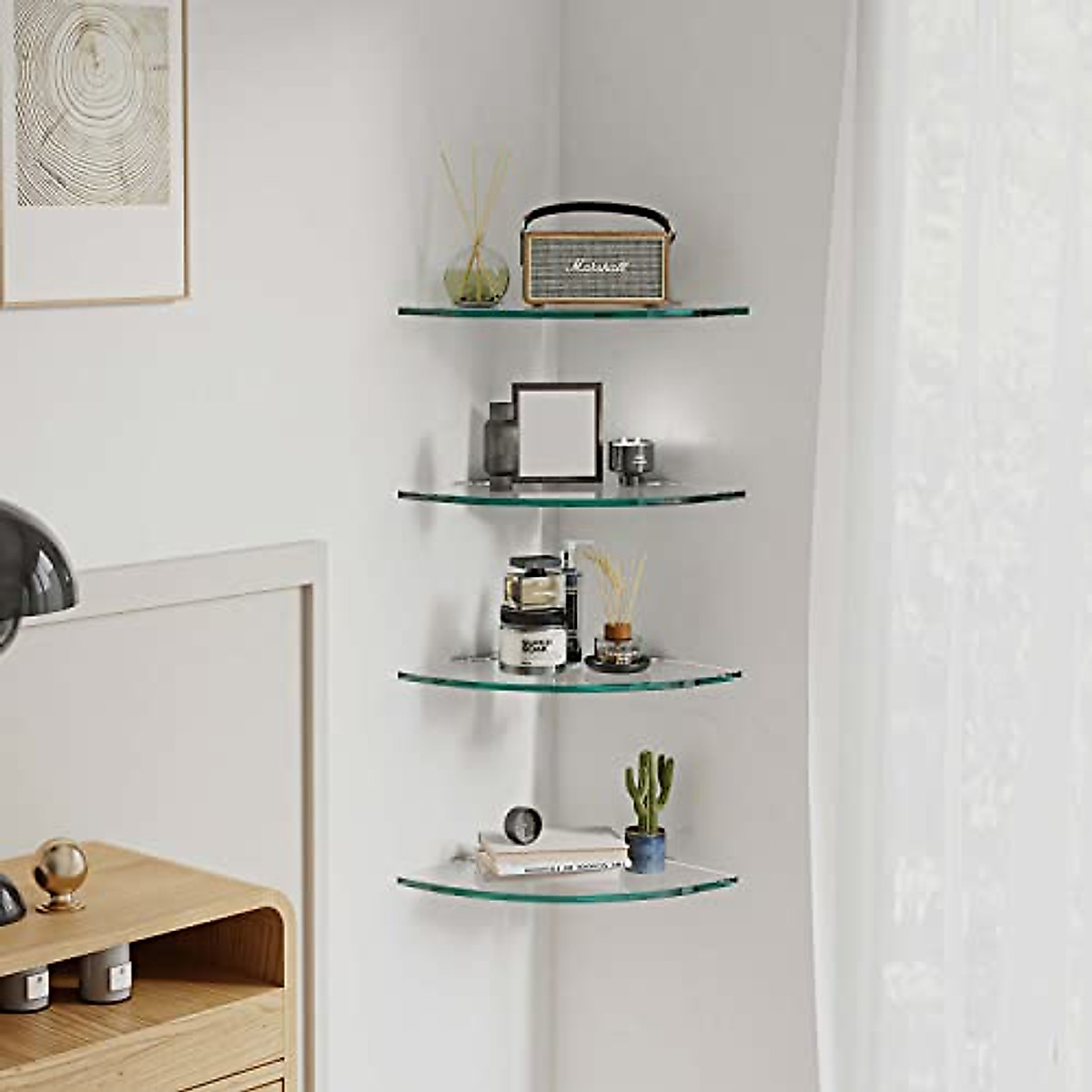 AlaKong Set of 4 Bathroom Corner Glass Shelf Tempered Glass Shelves for Shower Wall Corner Caddy Basket Triangle Wall Shower Shelf Shampoo Bottle Holder No Drilling Adhesive Wall Mount Bathroom Shelf