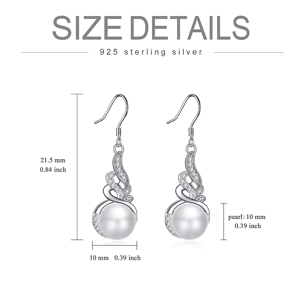 LONAGO Pearl Drop Earring White Pearl Dangle Earrings with Angel Wing Cubic Zirconia Silver Pearls Dangle Earring for Women