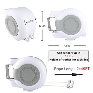 Retractable Clothesline 2x49 Feet Outdoor Indoor, Dual Heavy Duty Clotheslines for Laundry Drying, Wall-Mounted Portable Easy Installation Washing Lines Rope (White-98FT)