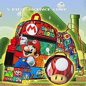Super Mario Backpack with Detachable Mushroom Lunch Tote 16 Inch 5 Piece Set