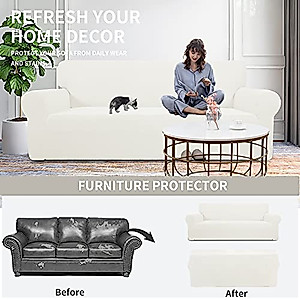 Easy-Going Stretch Chair Sofa Slipcover 1-Piece Couch Sofa Cover Furniture Protector Soft with Elastic Bottom for Kids, Pet. Spandex Jacquard Fabric Small Checks (Chair, Cream)