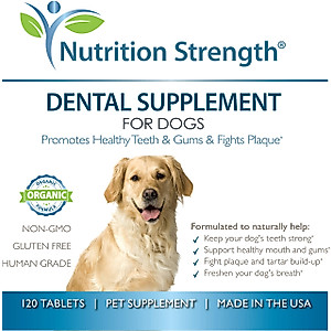 Nutrition Strength Dental Care for Dogs, Daily Supplement for Healthy Dog Gums and Teeth with Organic Kelp, Strawberry Leaf, Pumpkin Seed for Dog Mouth and Teeth Cleaning, 120 Chewable Tablets