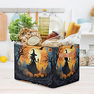 Halloween Witch Moon Bat Foldable Storage Basket Bin Large Fabric Kids Toys Storage Cube Box with Handles Collapsible Closet Shelf Cloth Organizer Basket for Nursery Bedroom Shelves Laundry