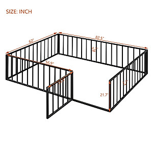 Harper & Bright Designs Queen Metal Floor Bed Frame with Rails, Queen Montessori Floor Bed with Fence and Door, for Kids Girls Boys (Queen Size, Black)