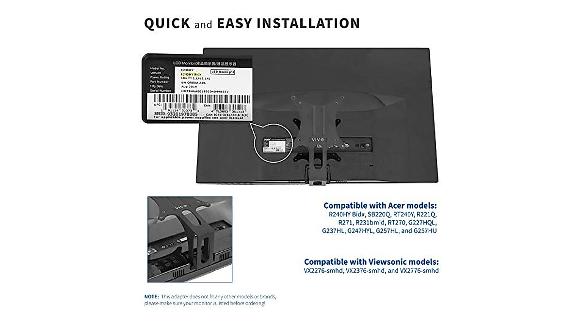 VIVO Quick Attach VESA Adapter for Acer & Viewsonic