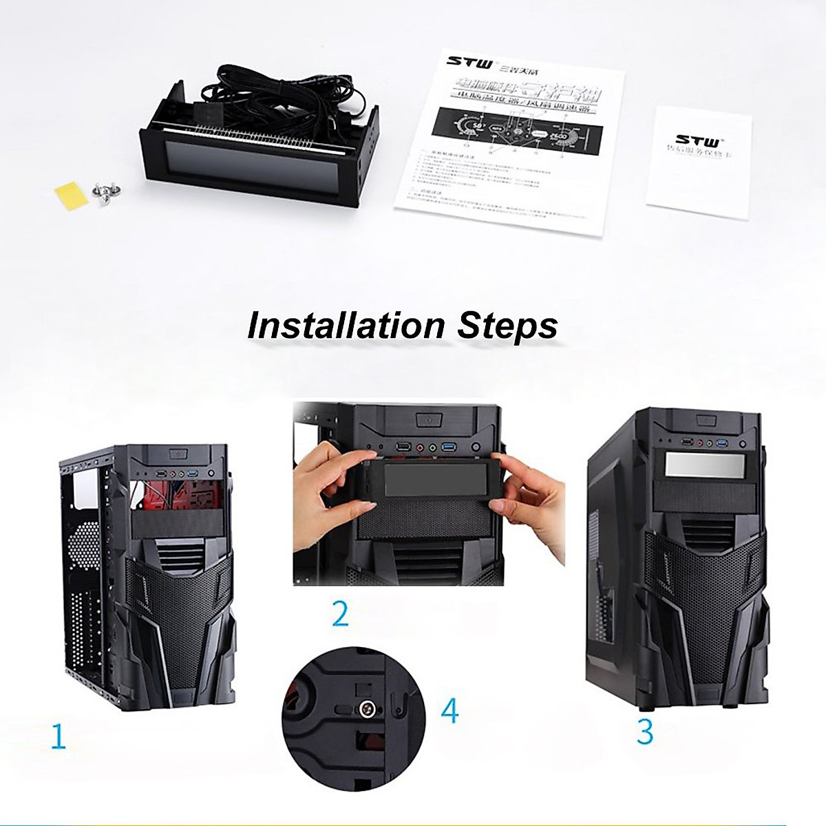 Wscoficey Fan Controller Temperature Monitor Automatic Speed Control LCD Front Panel STW 5.25" 5 Channel Touchscreen for Computer Cooling Fans
