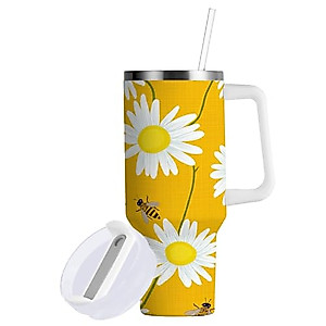 RPLIFE White Daisies Bees Warm Yellow 40 Oz Tumbler with Handle and Straw, Stainless Steel Tumbler with Straw, Coffee Tumbler