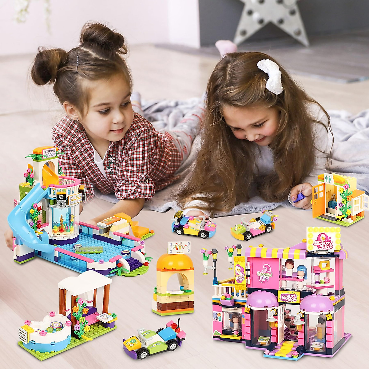 1373 Pieces Summer Pool Party Time, Hair Salon Toys Building Blocks Set Includes Juice Bar, Cars Building Play Kit,Storage Box, Learning and Roleplay Gift for Boys Girls 6-12