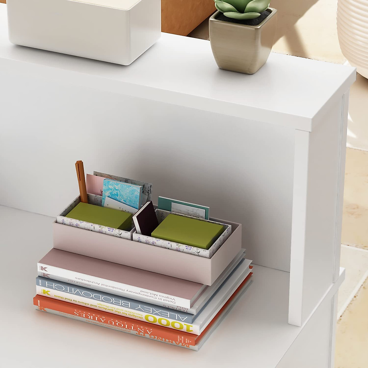 ECACAD Reception Desk with Light, Display Shelf & Lockable Drawers, Office Desk Reception Counter Table with Keyboard Tray and Door, White (47.2”W x 19.7”D x 39.2”H)