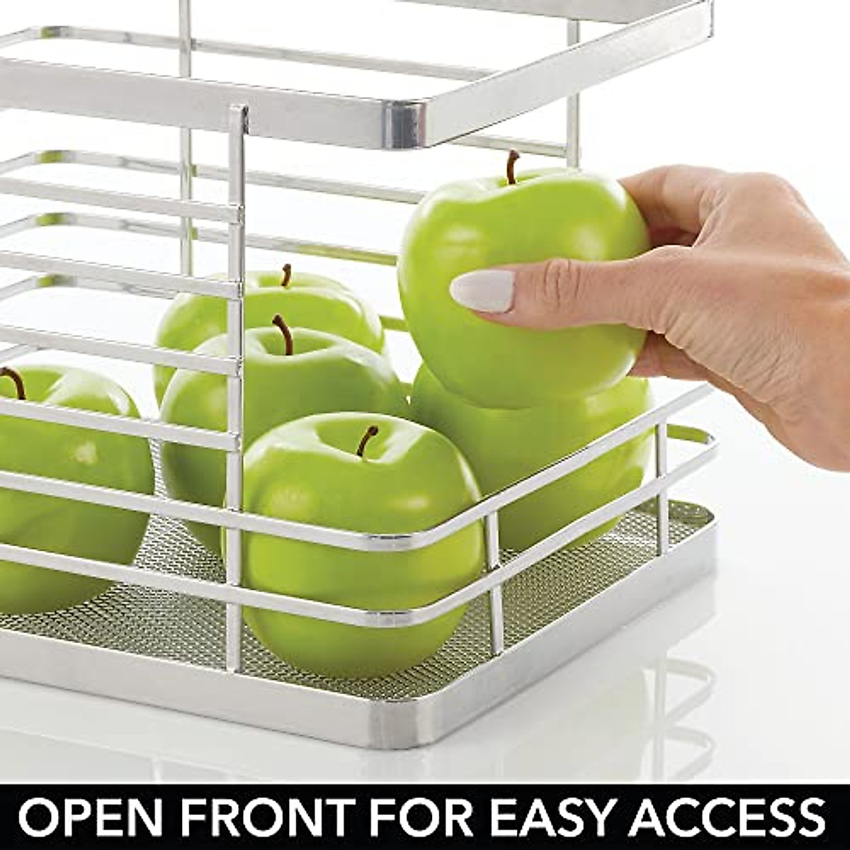mDesign Stacking Wire Baskets Food Organizer Storage Metal Basket with Open Front for Kitchen Cabinet, Pantry, Cupboard, and Shelves - Organize Fruits, Snacks, and Vegetables - 4 Pack - Chrome