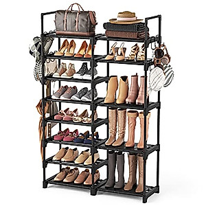ROJASOP Shoe Rack Organizer, 8-Tier Metal Shoe Rack for Closet Entryway Garage, 26-32 Pairs Tall Shoe Boot Storage Shelf with 15 Hooks, Stackable Large Shoe Stand