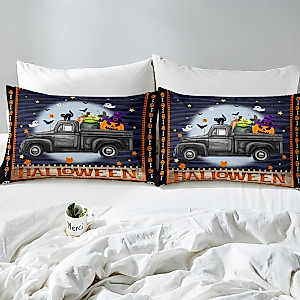 Feelyou Halloween Duvet Cover Full Size with 2 Pillow Cases Halloween Decor Comforter Cover Happy Halloween Bedding Set Black Cartoon Truck Bedspread Cover for Kids Adults