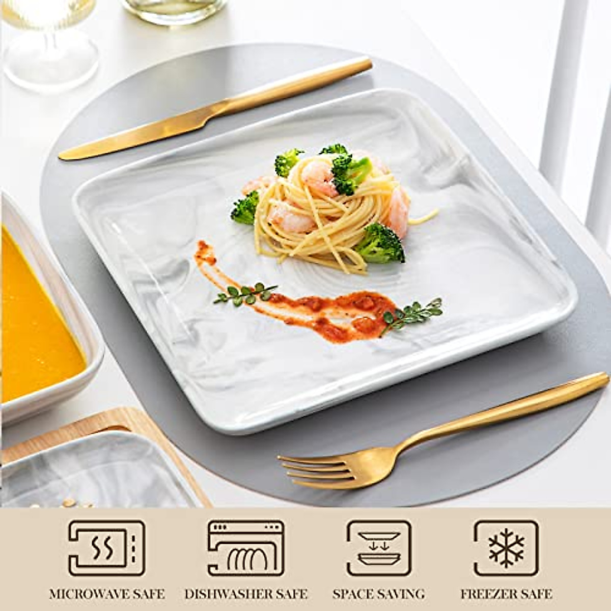 MALACASA Plates and Bowls Sets, 16 Piece Porcelain Square Dinnerware Sets for 4, Marble Dish Set with Dinner Plates, Dessert Plates, Soup Plates and Bowls, Modern Dishes Dinnerware Set, Series IVY