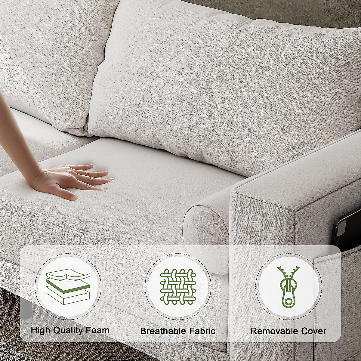 Feonase 88" Sofa Couch, Mid-Century Modern Sofa for Living Room, Loveseat with 4 Side Storage Pockets & 2 Pillows, Heavy-Duty Metal Frame, Beige