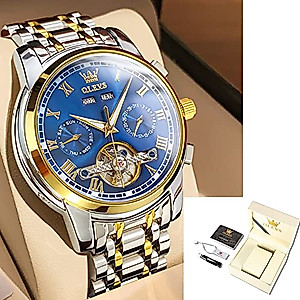 OLEVS Watches for Men Automatic Mechanical Self Winding Blue Dress Tourbillon Stainless Steel Dual Calendar Waterproof Luminous Wrist Watch